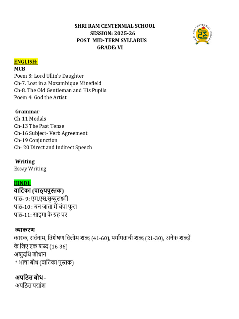 Class 6 Post Mid-Term - Syllabus | PDF
