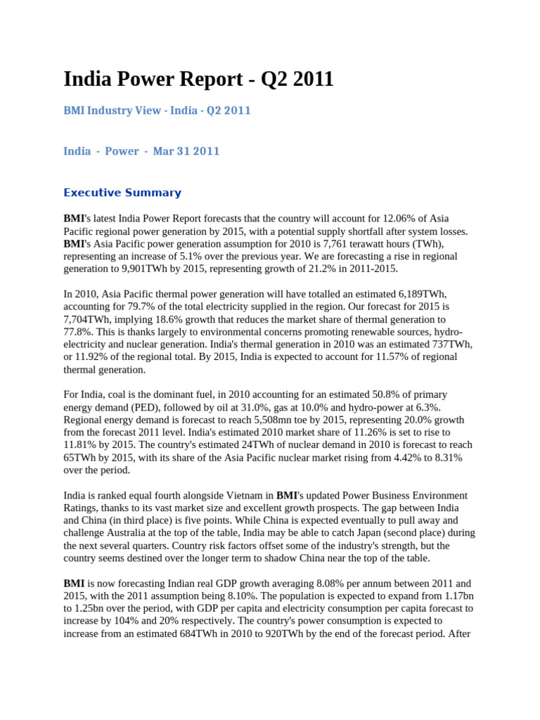 India Power Report - Q2 2011 | PDF | Electricity Generation ...
