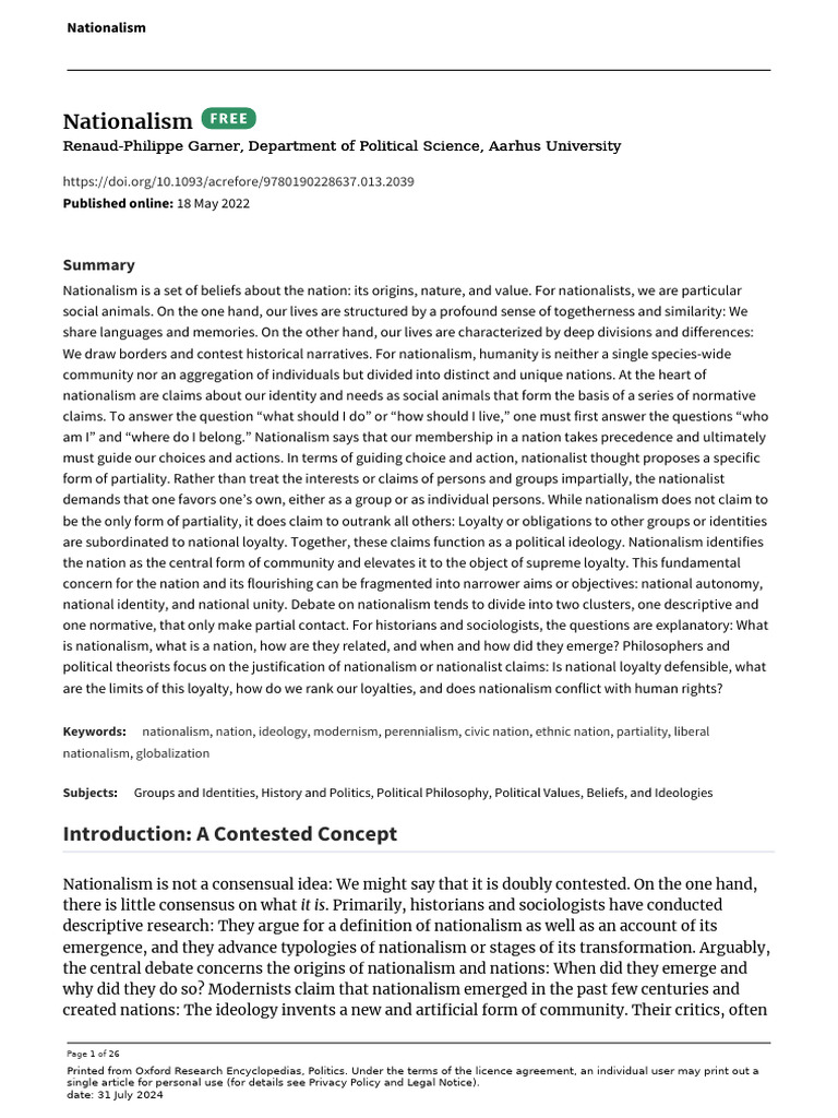 Nationalism: Introduction: A Contested Concept | PDF | Nation | Nationalism