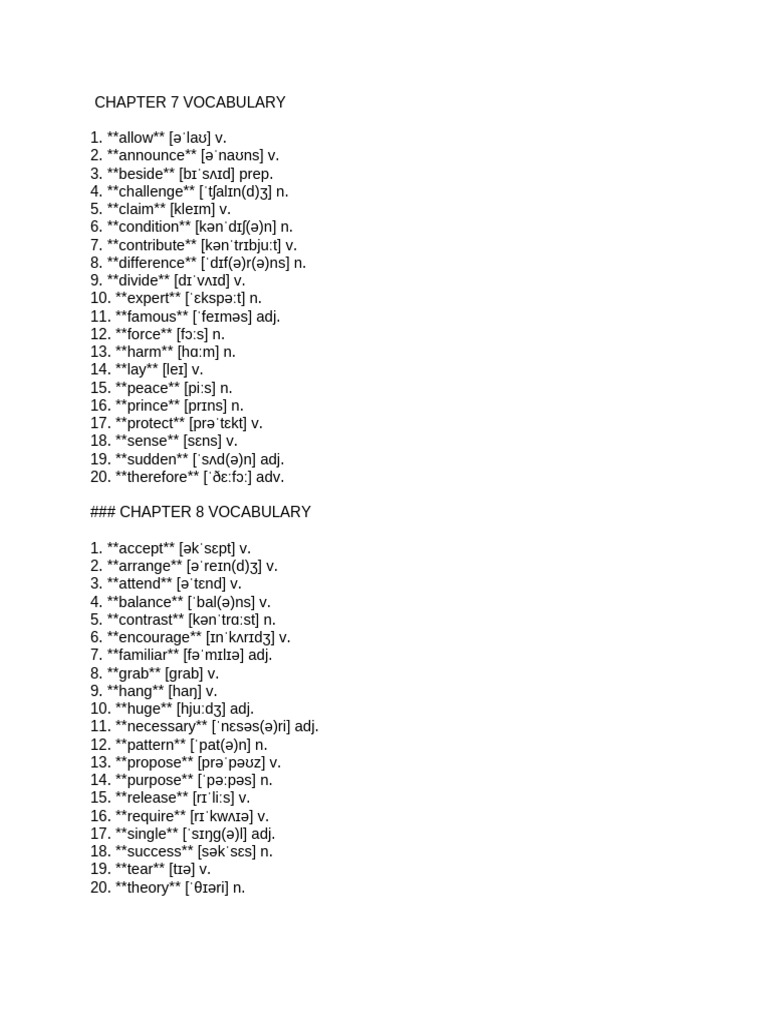 Vocabulary List: Chapters 7-9 | PDF