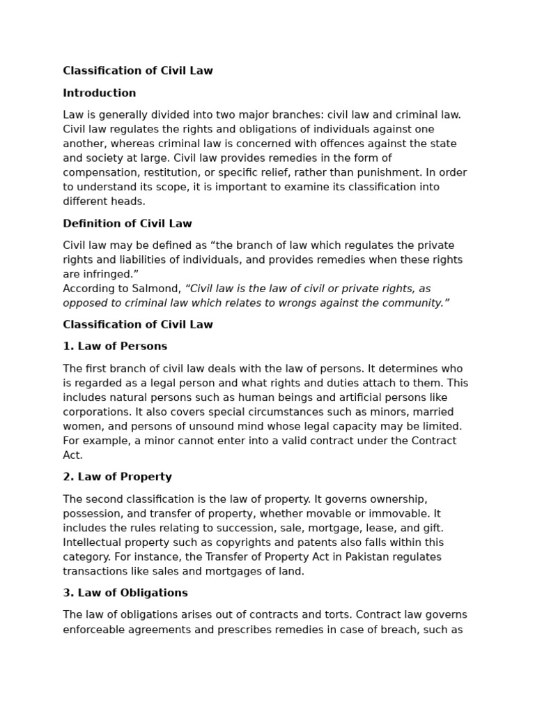 Classification of Civil Law | PDF | Tort | Damages
