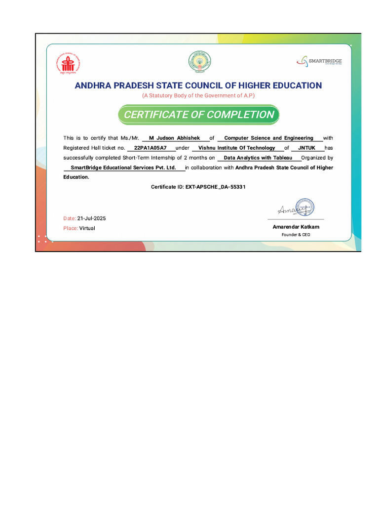 22PA1A05A7 Certificate | PDF