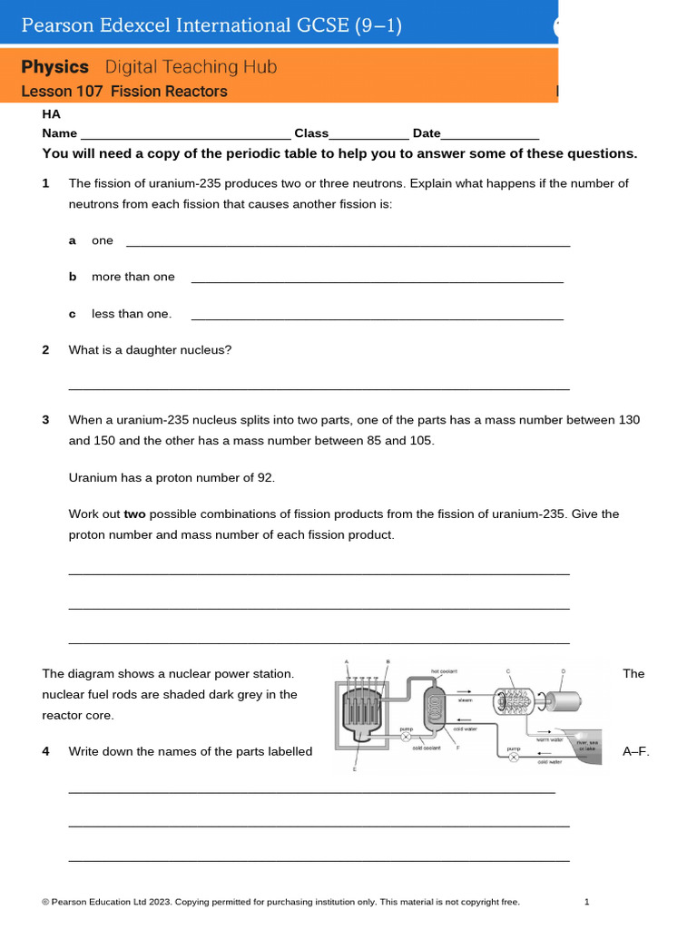 IG Physics Lesson107 Homework Sheet | PDF | Nuclear Fission | Nuclear ...