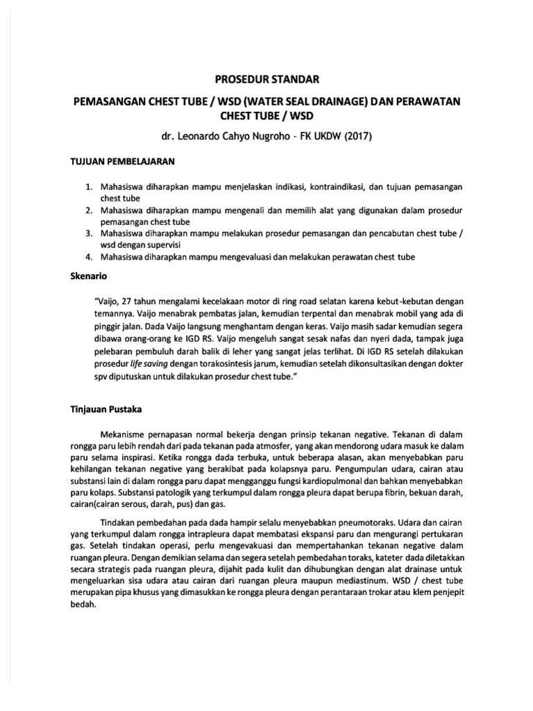 PDF Prosedur Standar Pemasangan Chest Tube Wsd Water Seal Drainage Dan ...