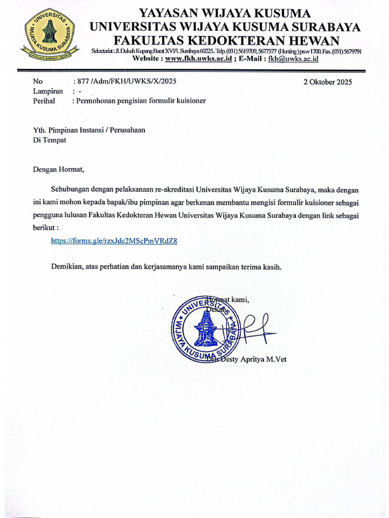 Permohonan Pengisian Form Kuisioner | PDF