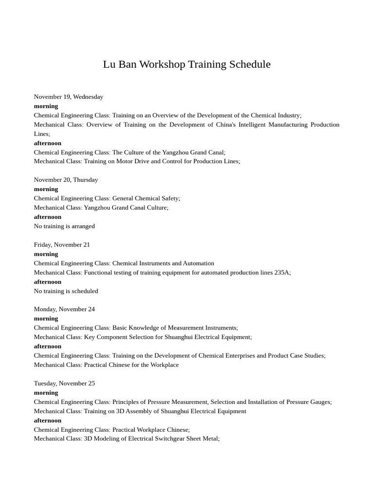 Lu Ban Workshop Training Schedule | PDF