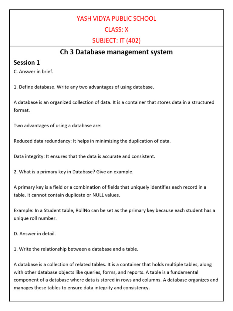 Answer Key Class X CH 3 Part B | PDF | Databases | Sql