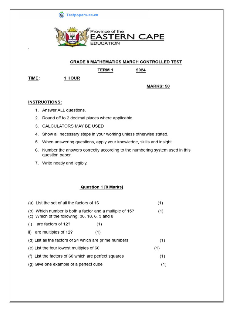 Grade 8 Math Test Questions 2024 | PDF | Numbers | Elementary Mathematics