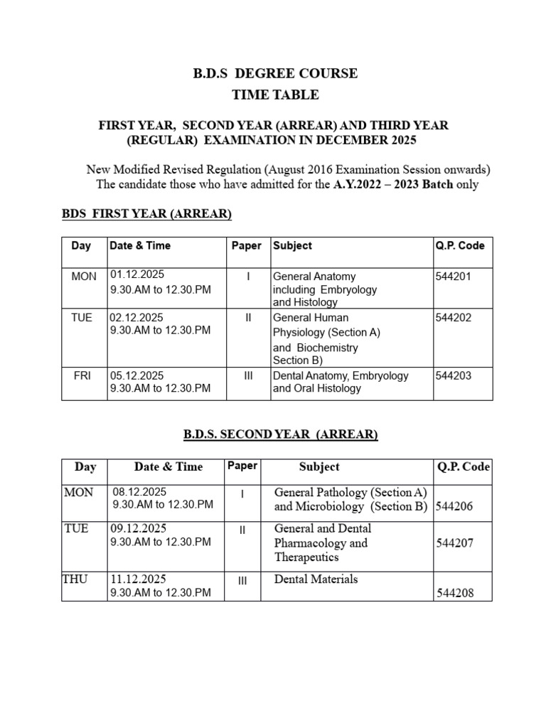 BDS Exam Timetable December 2025 | PDF