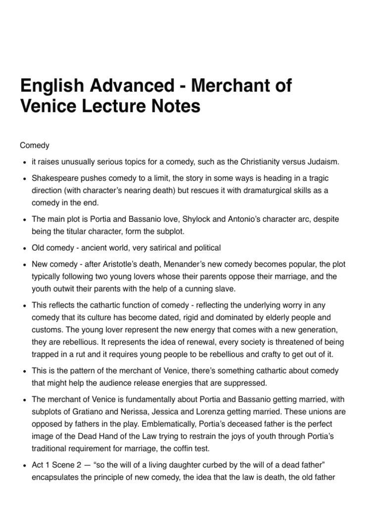 English Advanced - Merchant of Venice Lecture Notes | PDF | The ...