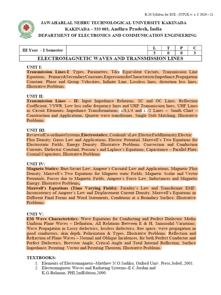 r20 - Ece - Electromagnetic Waves and Transmission Lines | PDF | Transmission Line | Waves