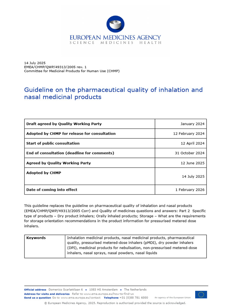 Inhalation and Nasal Medicinal Products Guidelines | PDF | Dose ...
