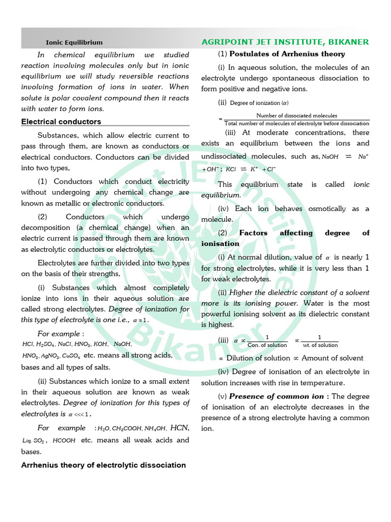 01 Ionic Equilibrium Theory Final E | PDF | Acid | Dissociation (Chemistry)