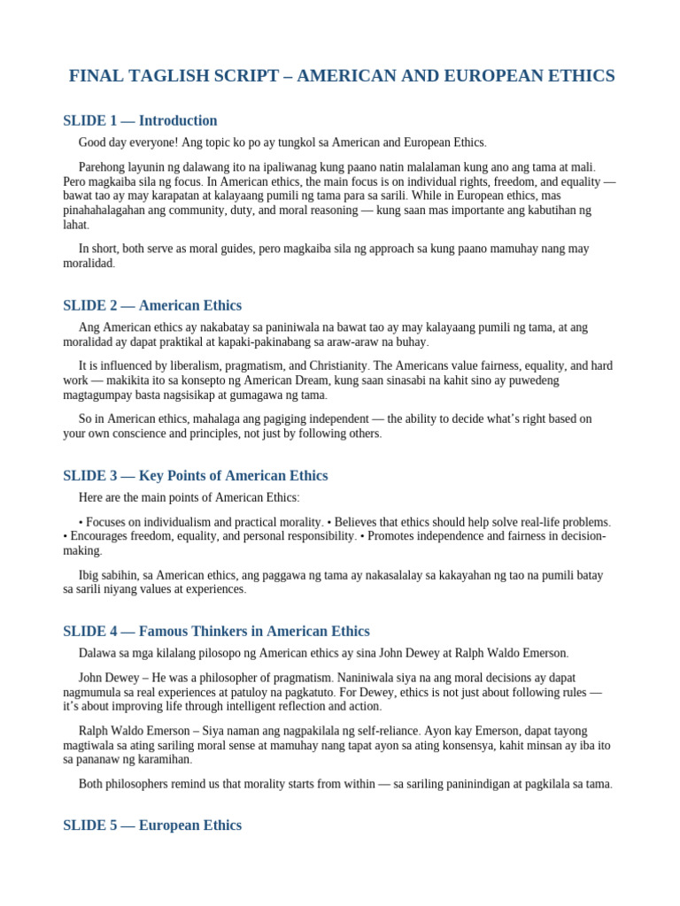 American and European Ethics Final Taglish Script | PDF | Liberal Arts ...