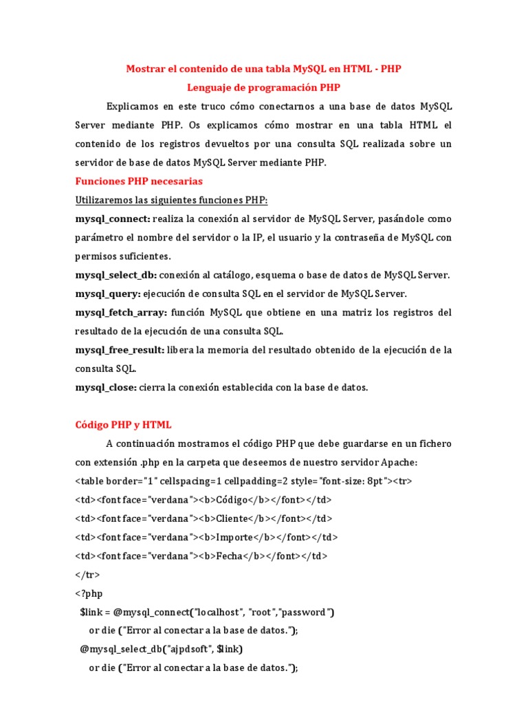 Mostrar El Contenido De Una Tabla Mysql En Html Pdf Php Sql