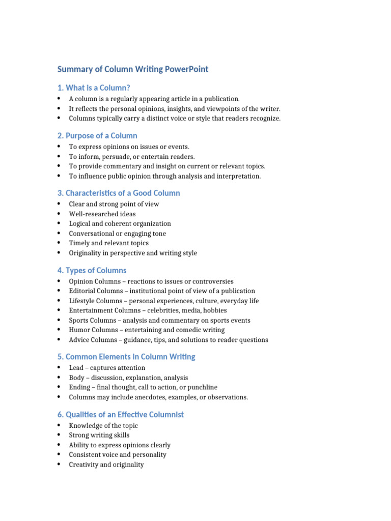 Column Writing Summary | PDF