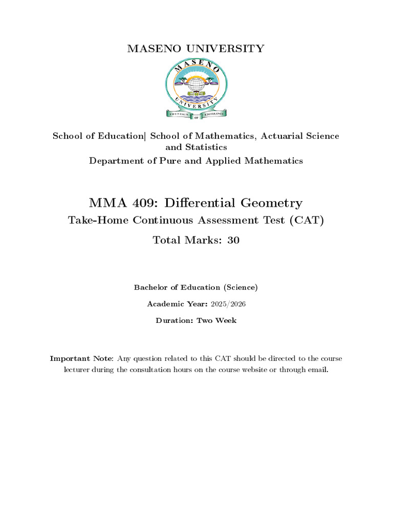 Maseno University MMA 409 Differential Geometry CAT | PDF ...