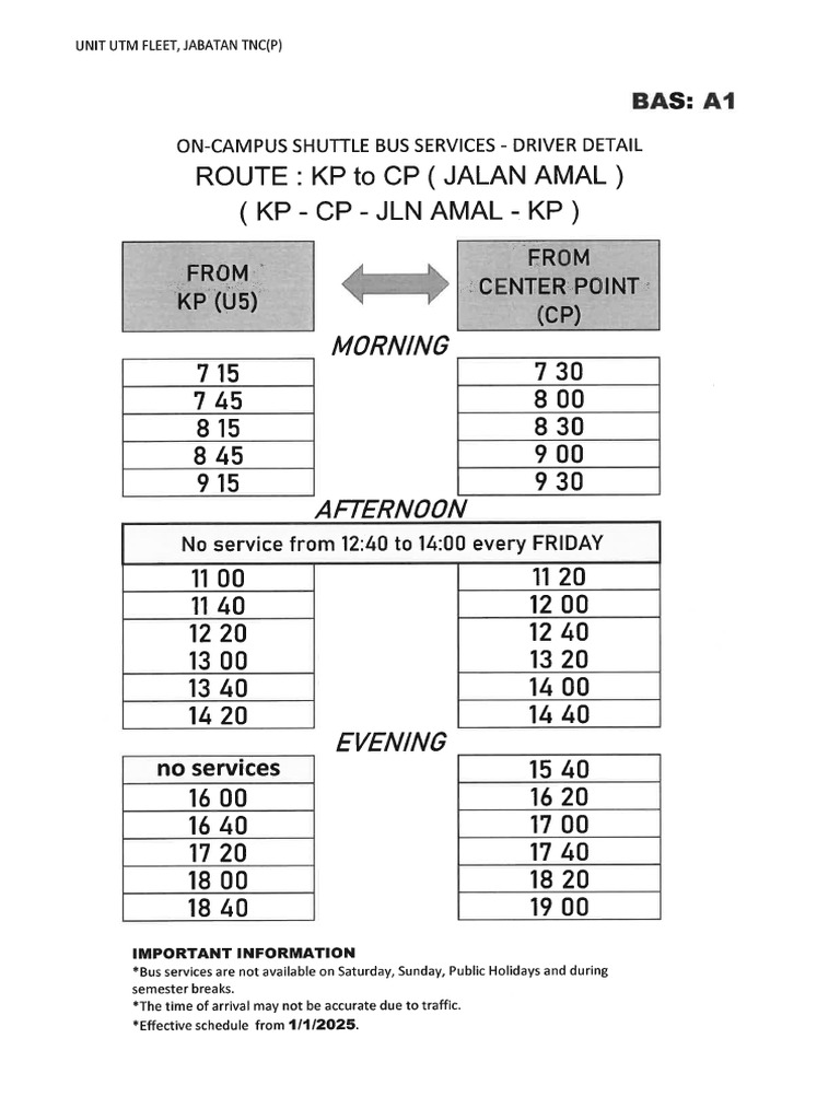 Jadual Bas Shuttle Kampus UTM JB 2025 01012025 | PDF