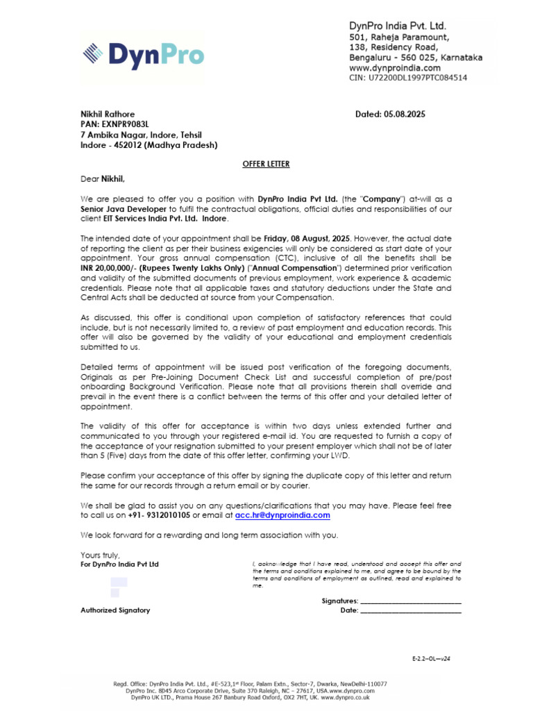 Nikhil Rathore - Offer Letter - With Digital Signature | PDF