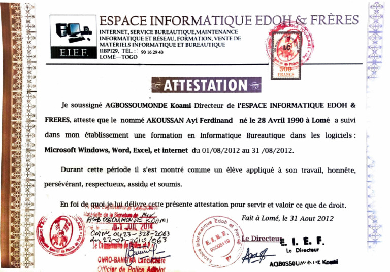 Attestation de formation en bureautique | PDF | Technologie numérique ...