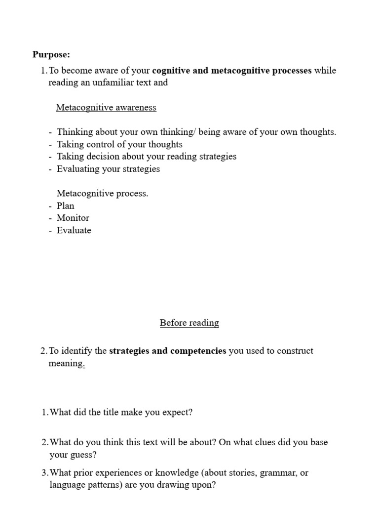 Metacognitive Reading Strategies Guide | PDF | Semantics | Reading ...