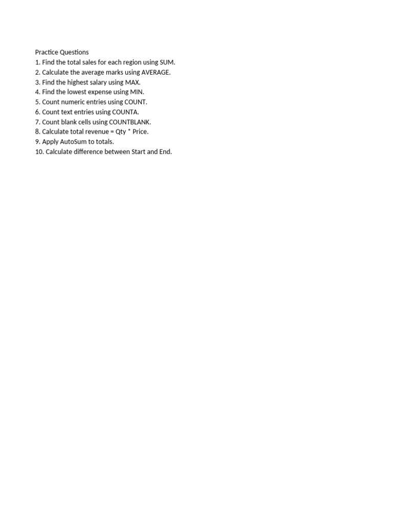 Excel Practice Questions for Data Analysis | PDF