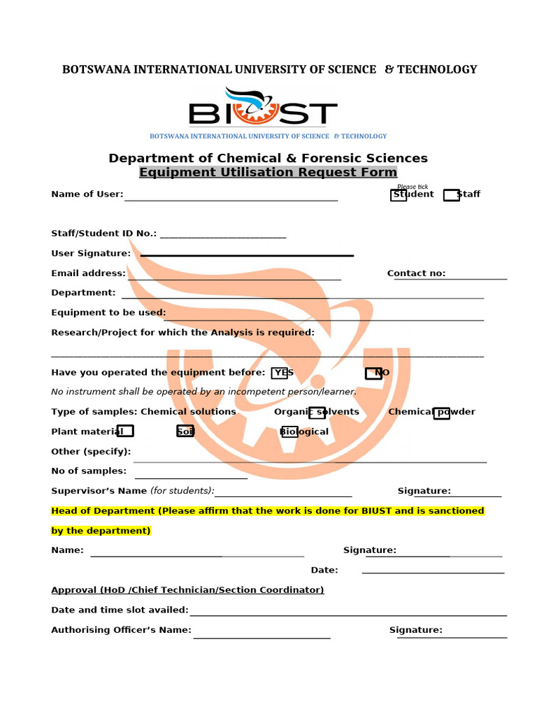Equipment Utilisation Request Form - CFS | PDF