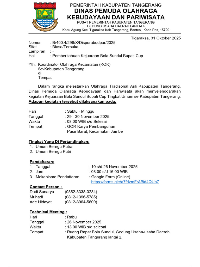 SURAT EDARAN KEJUARAAN BOLA SUNDUL BUPATI CUP 2025 - Preview | PDF