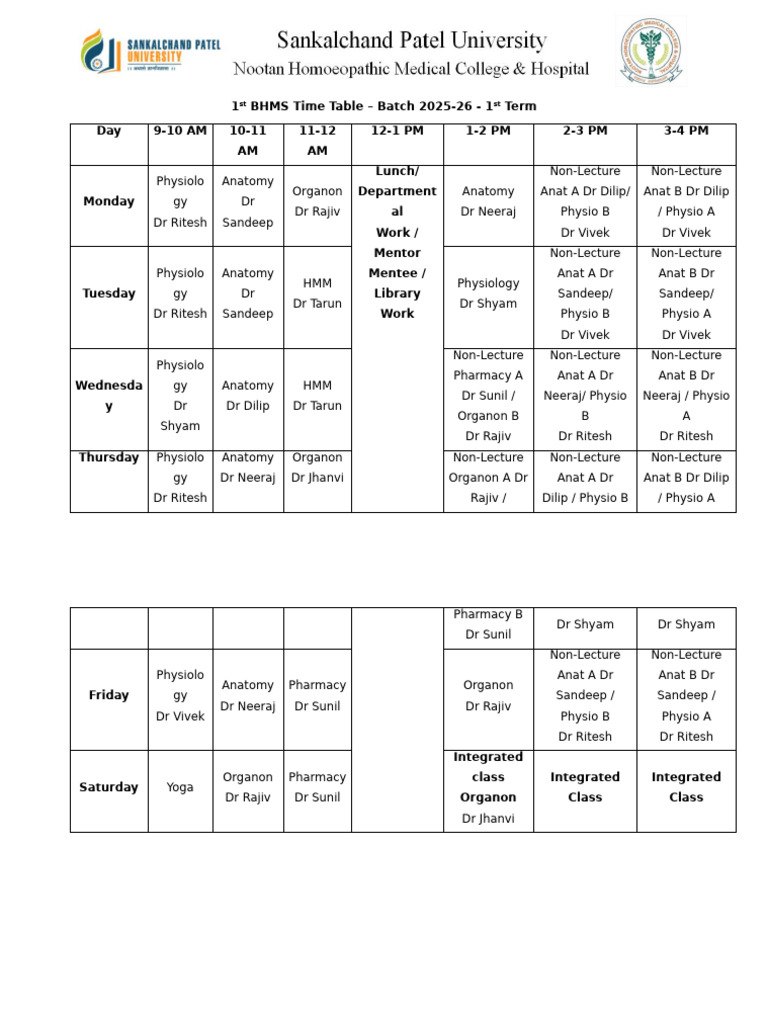 BHMS Batch 2025-26 1st Term Time Table | PDF