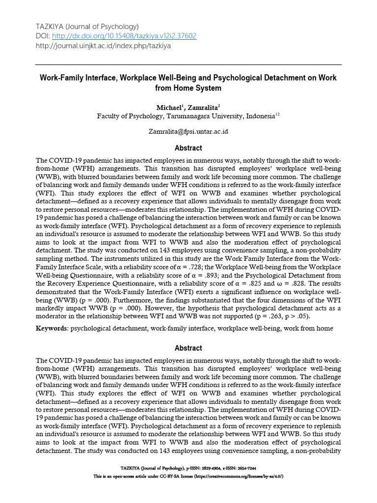 Work-Family Interface, Workplace Well-Being and Psychological ...