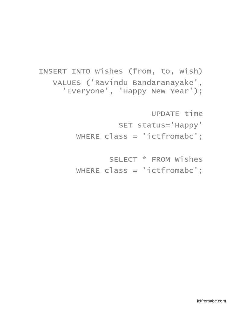 INSERT INTO Wishes (From, To, Wish) VALUES ('Ravindu Bandaranayake ...