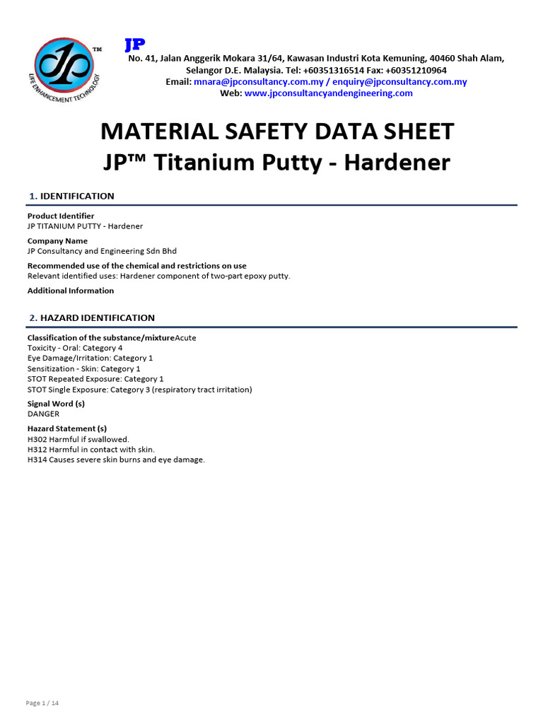 JP Titanium Putty Hardener MSDS | PDF | Combustion | Toxicity
