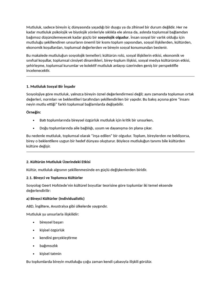 Sosyolojik Olarak Mutluluk | PDF