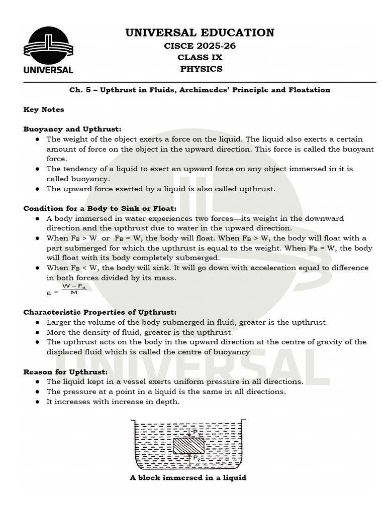 Ch. 5 - Upthrust in Fluids, Archimedes' Principle and Floatation ...