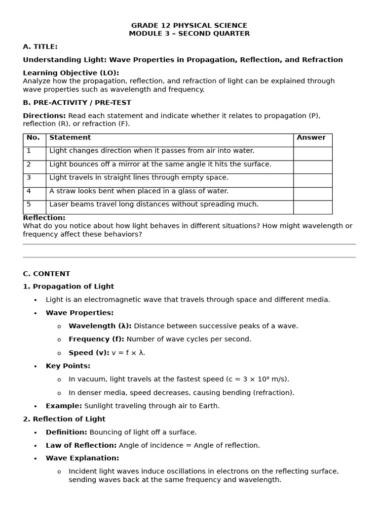 Light Wave Properties: Reflection & Refraction | PDF | Refraction | Light