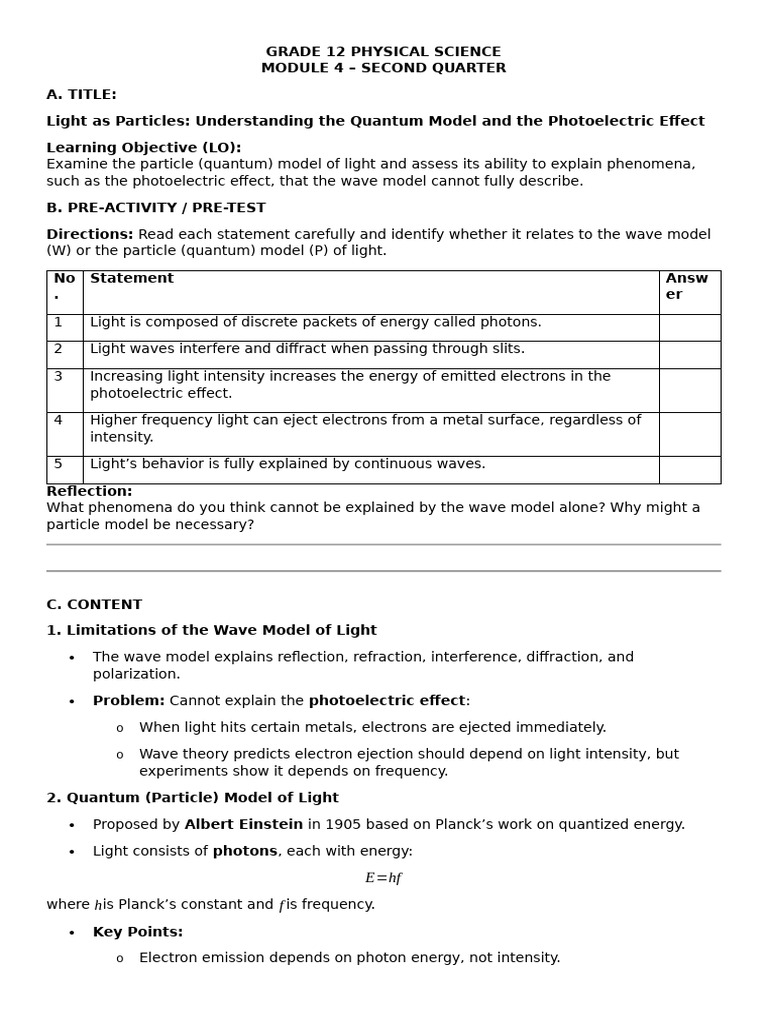 Grade 12 Physical Science Module 4 | PDF | Light | Photoelectric Effect