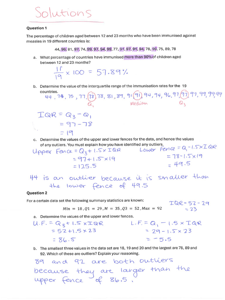 Summary Statistics and Outliers Worksheet SOLUTIONS | PDF