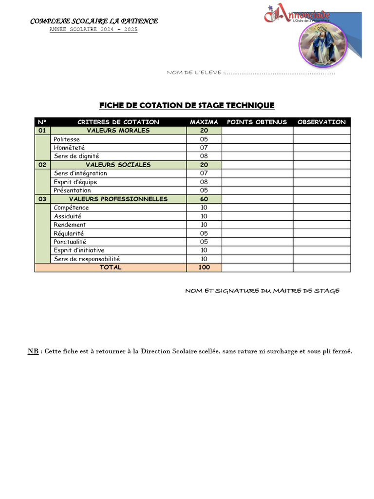 Fiche de Cotation de Stage Technique | PDF