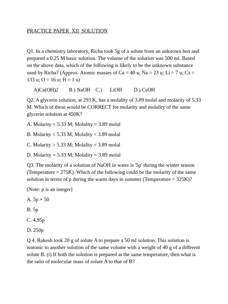 Chemistry Practice Paper Solutions | PDF