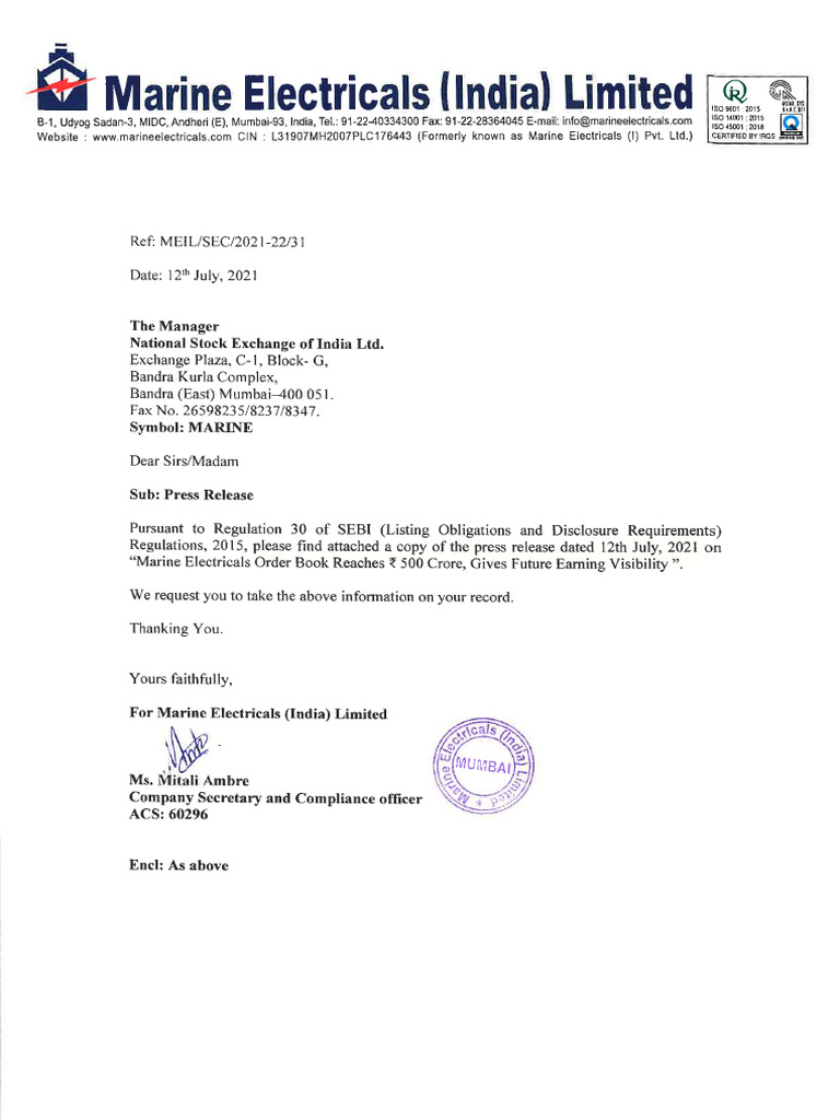 Meil Pressreleaseorderbook500cr | PDF | Ships