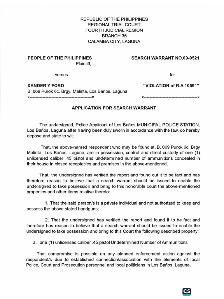 Sample Application For Search Warrant | PDF