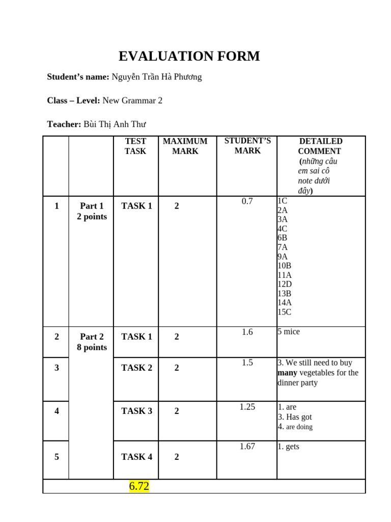 Hà Phương - EVALUATION FORM | PDF