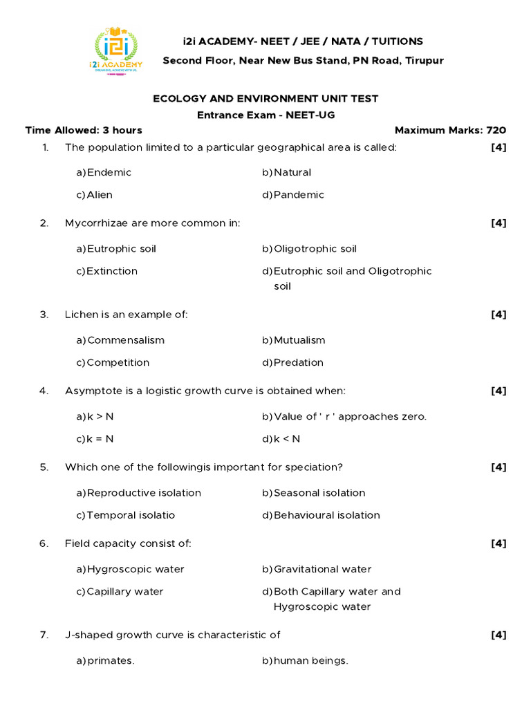 Ecology Unit Test QP | PDF | Ecosystem | Biomass (Ecology)