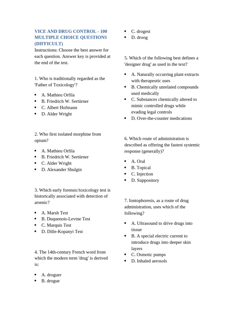Vice and Drug Control 100 MCQ | PDF | Heroin | Mdma