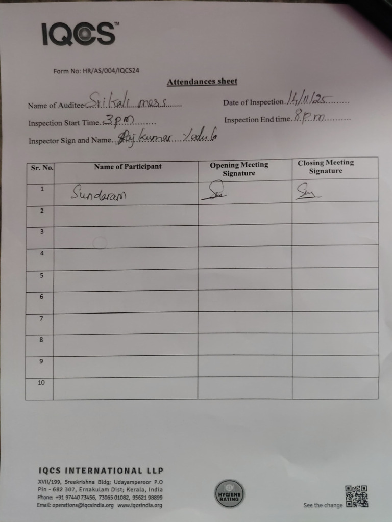 Sri Kali Mess Attendance Sheet | PDF