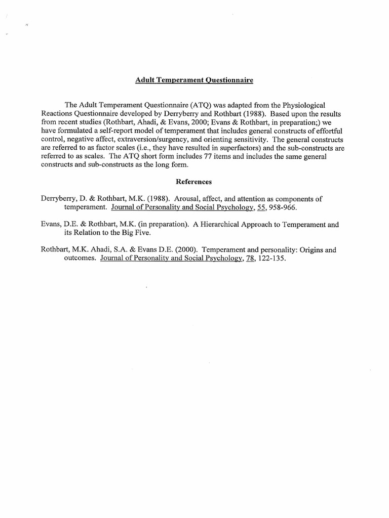 Adult Temperament Questionnaire - Short Form Scales and Scoring | PDF