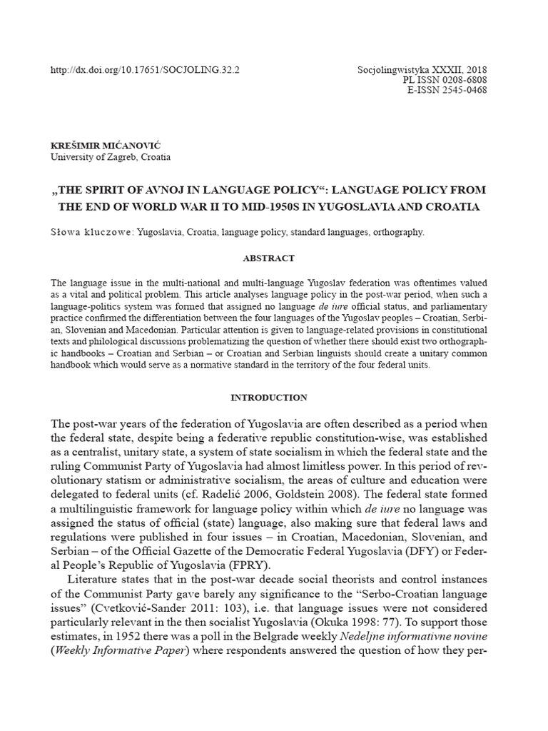 The Spirit of AVNOJ in Language Policy | PDF | Socialist Federal ...