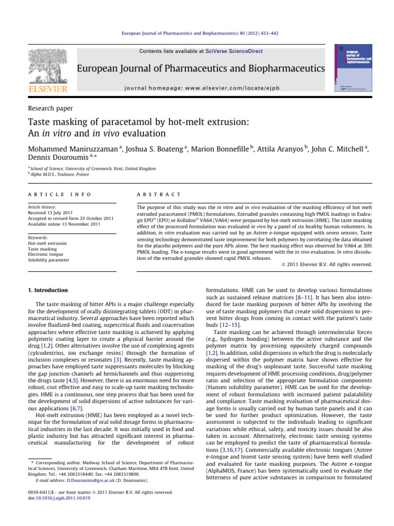 Taste Masking of Paracetamol by Hot-Melt Extrusion | PDF | Amorphous ...