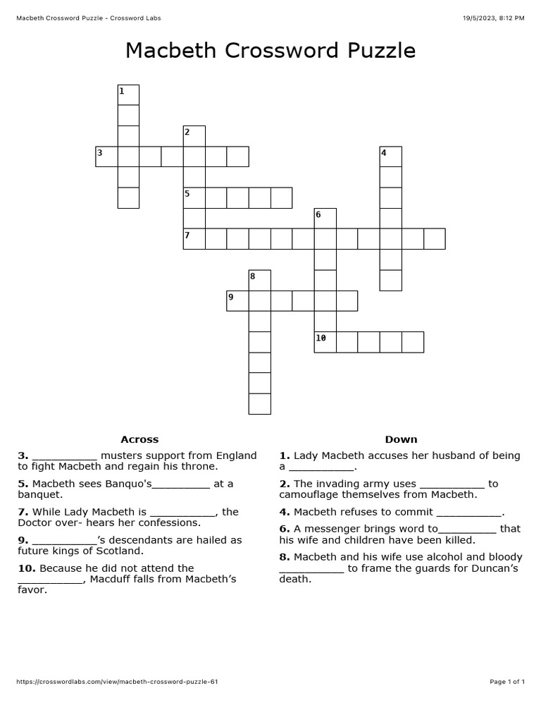 Macbeth Crossword Puzzle - Crossword Labs | PDF