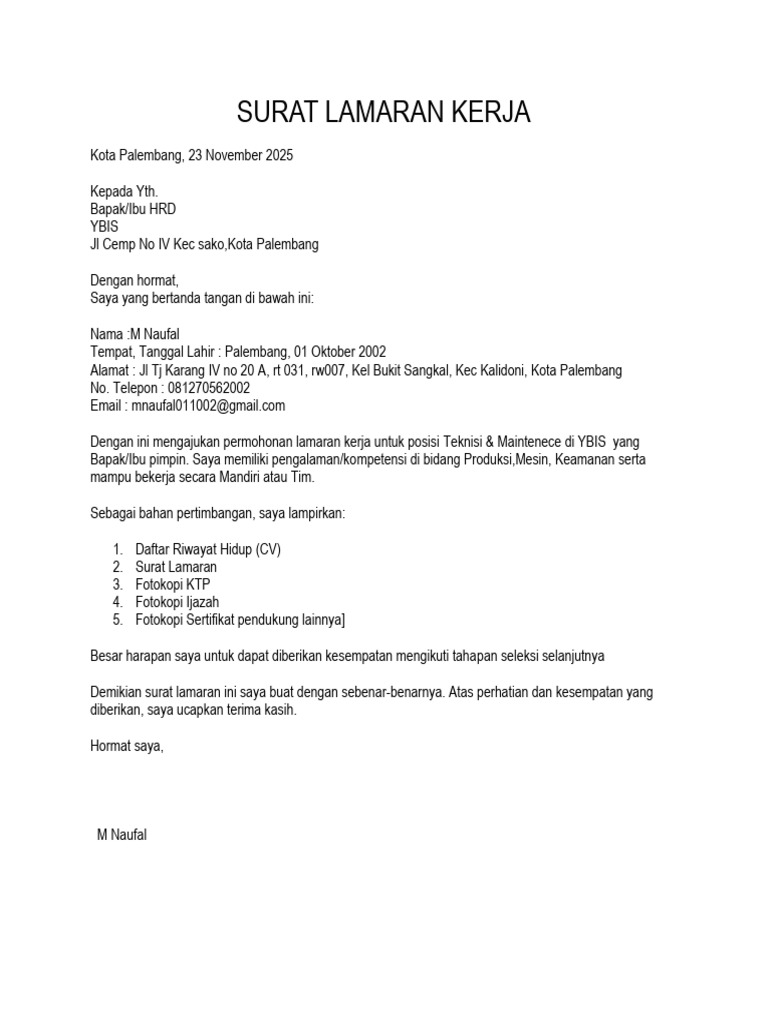 Surat Lamaran Kerja Teknisi YBIS Palembang | PDF